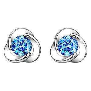 Earrings for Women,Clover Stud 925 Hypoallergenic Sterling Silver for Sensitive Ears, Blue Cubic Zirconia,Ideal Gifts for Women,Mom,Wife,Female