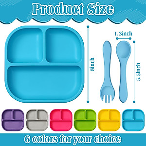 Dandat 6 Pack Powerful Suction Plates for Toddler Baby 100% Food Grand Silicone Microwave and Dishwasher Safe with Self Feeding Spoon Fork Utensils Set Divided Plates for Boys Girls (Bright Colors)