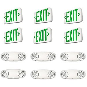 FREELICHT 6 Pack Emergency Light, Emergency Lights for Business + 6 Pack Green LED Exit Sign with Battery Backup