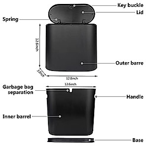 Trash Can, 10 Liter / 2.4 Gallon Plastic Slim Garbage Container Bin with Press Top Lid, Waste Basket for Kitchen, Bathroom, Living Room, Office, Narrow Place（Black）
