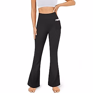 YOLIX Flare Leggings for Women with Pockets - Crossover High Waisted Black Flared Leggings for Yoga Gym Workout