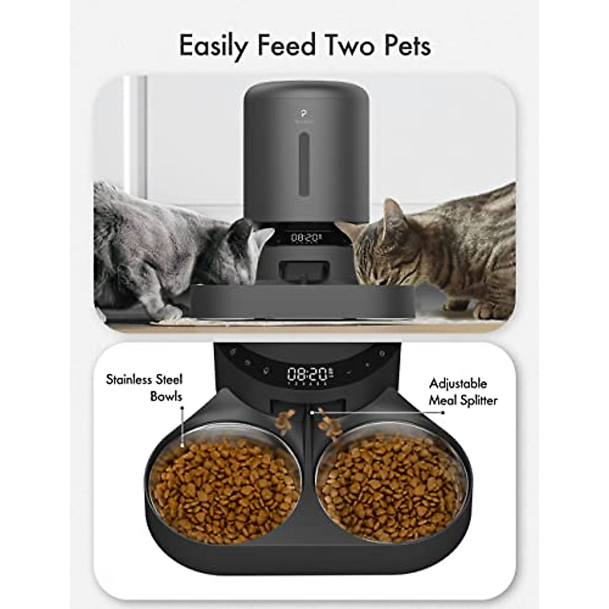 PETLIBRO Automatic Cat Feeder for Two Cats, 5L Dry Food Dispenser with Splitter and Two Stainless Bowls, 10s Meal Call and Timer Setting, 50 Portions 6 Meals Per Day for Cat and Dog