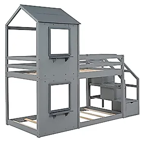 Twin House Bunk Beds Wooden Low Floor Bunk Bed with Roof & Window Twin Over Twin Bunk Beds with Stairs and Storage for Kids Teens, Grey