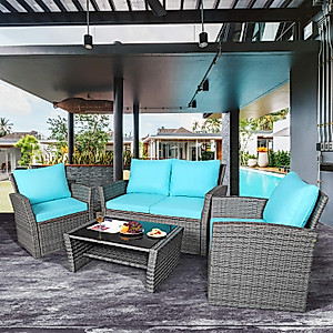 Tangkula 4 Pieces Patio Furniture Set, All Weather Outdoor Sectional Rattan Sofa Set with Cushions & Tempered Glass Table, Wicker Conversation Couch Set for Backyard Garden Poolside (Turquoise)