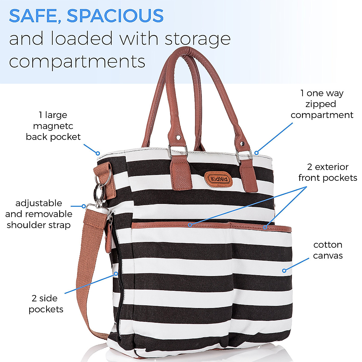 Kidnid Designer Baby Diaper Bag - Cotton Messenger Organizer Tote with Changing Pad, Black & White, 14-Inch