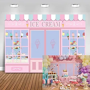 Mocsicka Ice Cream Theme Birthday Backdrop Dessert Shop Girl Background 7X5ft Vinyl Childrens Birthday Party Dessert Table Background Photo Booth Banner Decoration