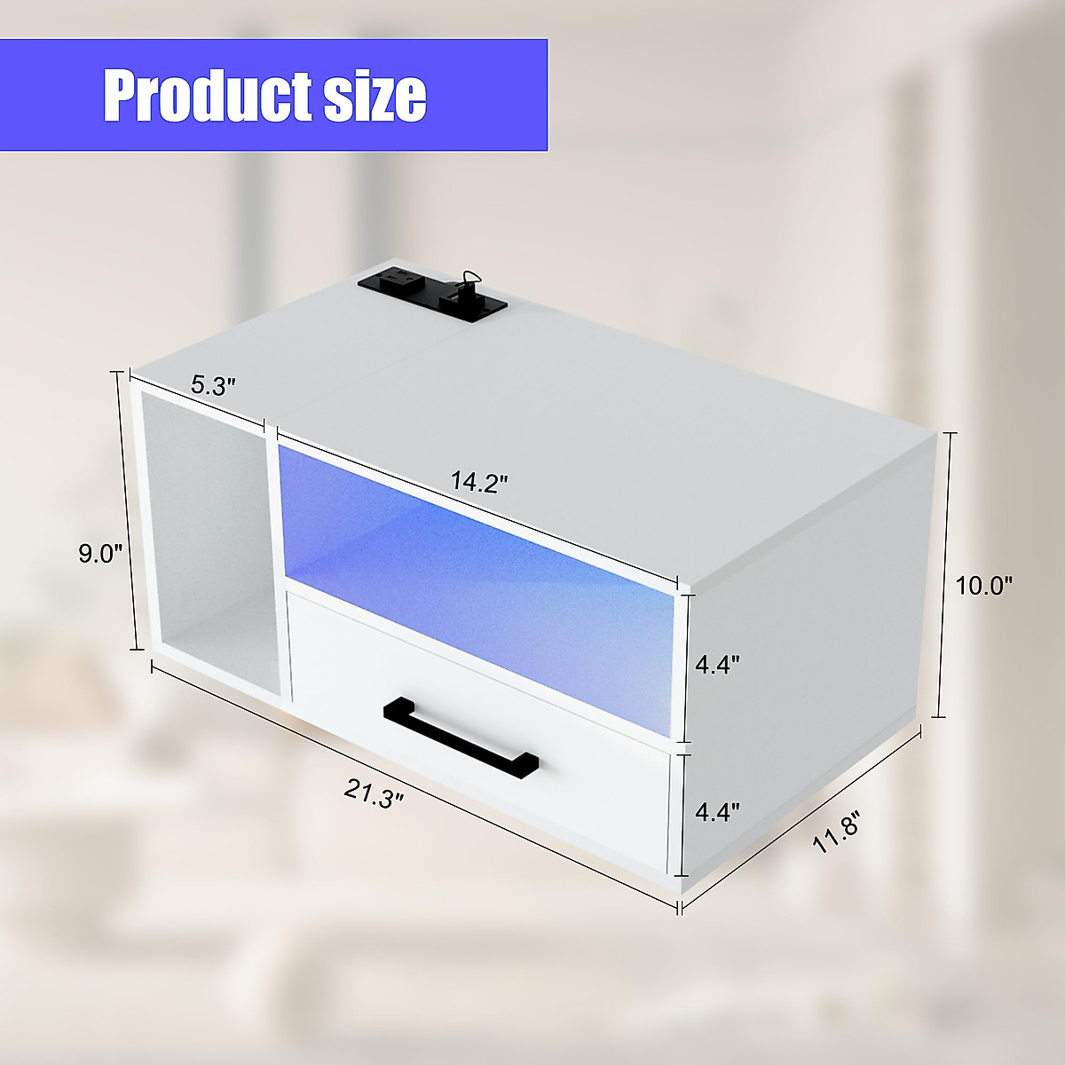 Homaterial Floating Nightstand with Charging Station and LED Lights, Floating Bedside Table with Drawers Wall Mounted Nightstands,for Bedroom Room, 21.3" x 11.8" x 10",White