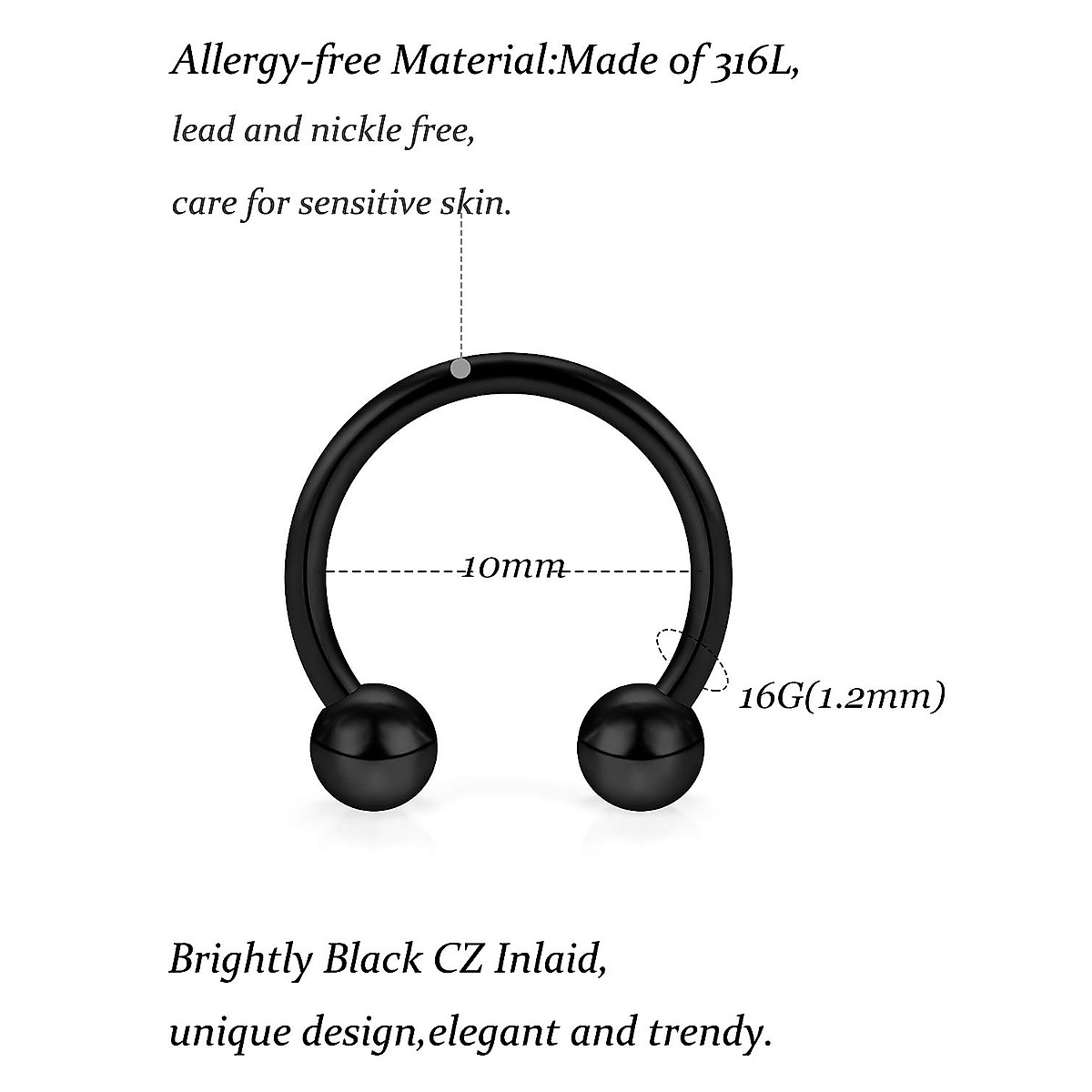 Vsnnsns 16G Septum Jewelry Septum Ring Piercing Jewelry Septum Clicker Ring and Horseshoe Barbell Stainless Steel Captive Bead Ring Septum Nose Rings Hoop for Men Women Black 10mm 12pcs