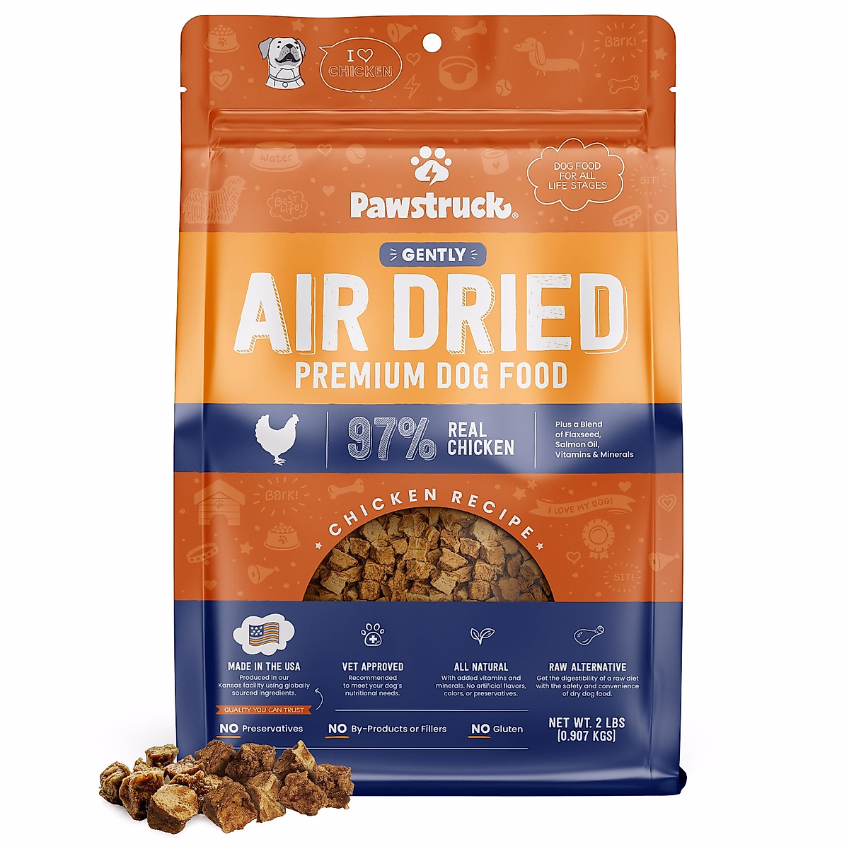 Pawstruck All Natural Air Dried Dog Food w/Real Chicken - Grain Free, Made in USA, Non-GMO & Vet Recommended - High Protein Limited Ingredient Wholesome Full-Feed - for All Breeds & Ages - 2lb Bag