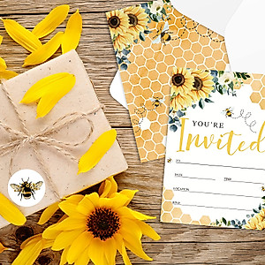 AnyDesign Sunflower Bee Party Invitations with Envelopes Stickers Watercolor Summer Flower Invitation Cards for Wedding Bridal Baby Shower Birthday Dinner Party Supplies, 20 Sets, 5 x 7 Inch