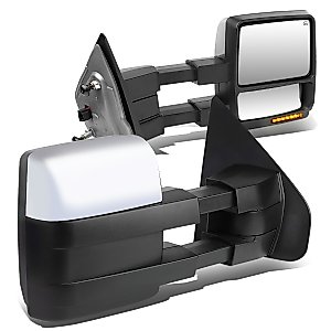 Auto Dynasty Pair Chrome Power Heated Amber LED Turn Signal w/Puddle Light Side Towing Mirror Compatible with Ford F-150 04-14