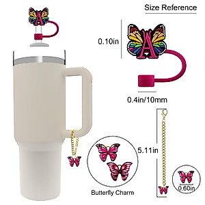 Velaco 4 PCS Butterfly Initial Letter Straw Covers and Butterfly Charm Accessories with Chains for Stanley 20 30 40 oz Tumbler with Handle