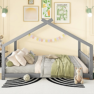 Montessori Floor Bed Frame Full Size, Full Floor Bed Frame with Headboard, Footboard and Slats, Wood Montessori Bed Frame/Montessori House Bed for Kids, Girls, Boys(Gray)