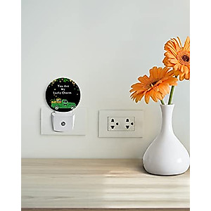 St.Patrick Day Truck Gold Coins Clover Night Lights Plug into Wall, Green Black Auto Round LED Lights with Dusk to Dawn Sensor for Bedroom, Bathroom, Hallway, Kitchen, Kids, Home Decor