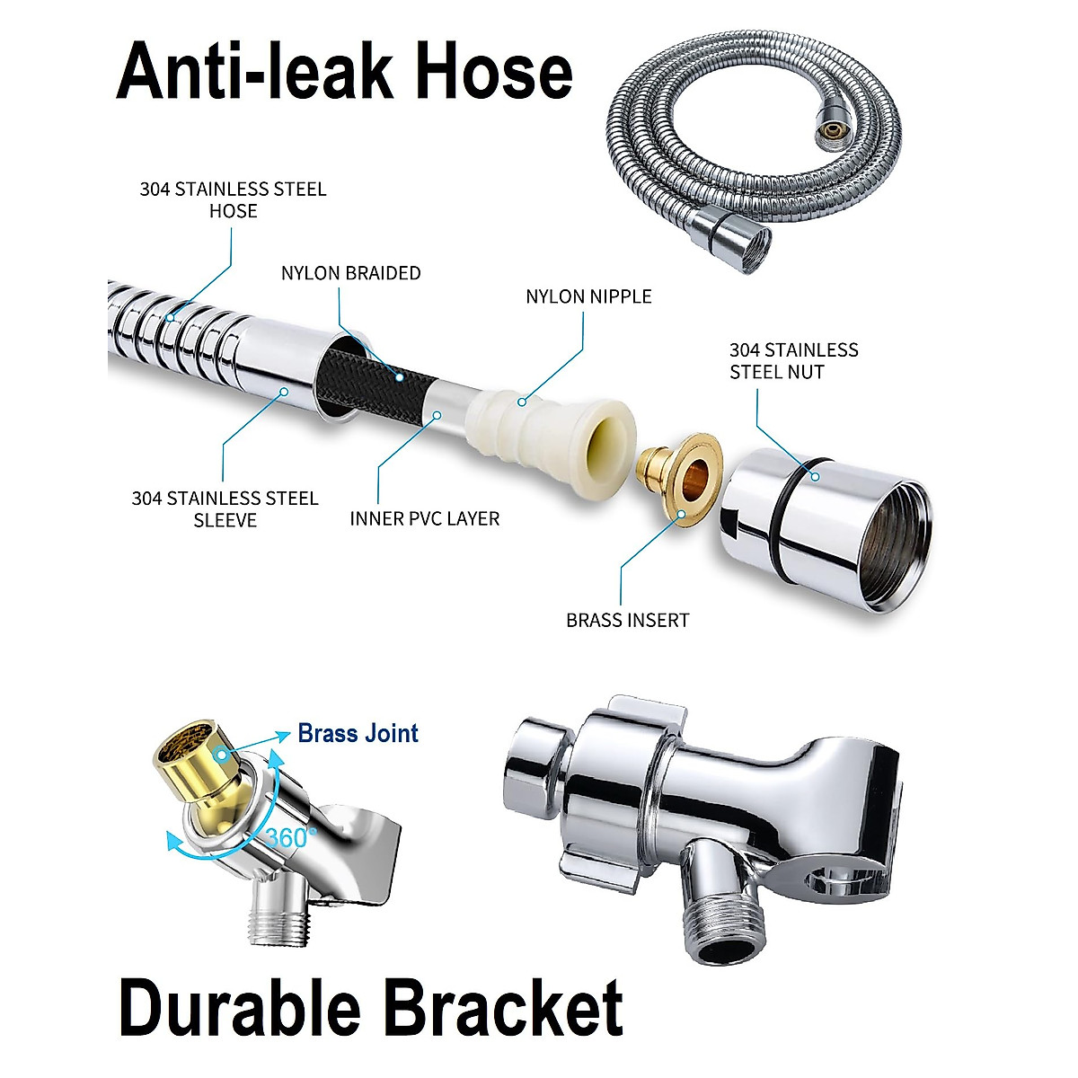 High Pressure Shower Head With Handheld 7 Settings, 5" High Power Hand Held Rain Showerhead with Stainless Steel Hose and Adjustable Bracket
