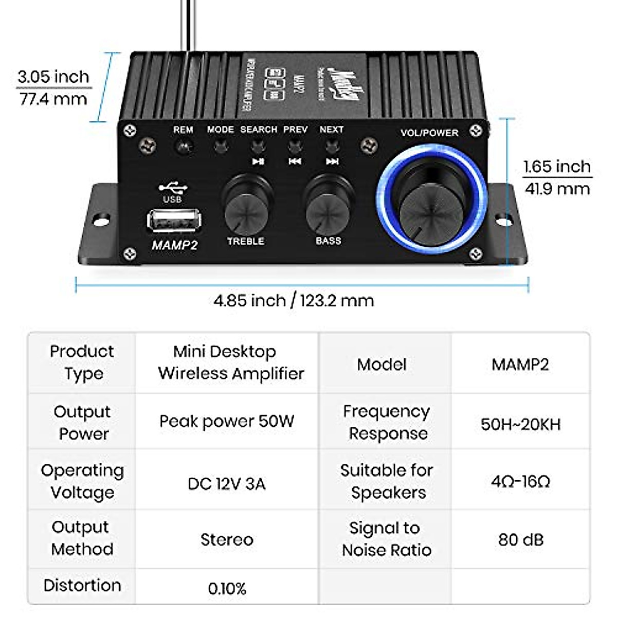 Moukey Mini amplifier home audio Bluetooth 5.0 for speakers- 50W 2 Channel Power Audio Receiver FM USB, AUX, with Remote Control, Power Supply for Car Home use, Tablets, Phones, Computers - MAMP2