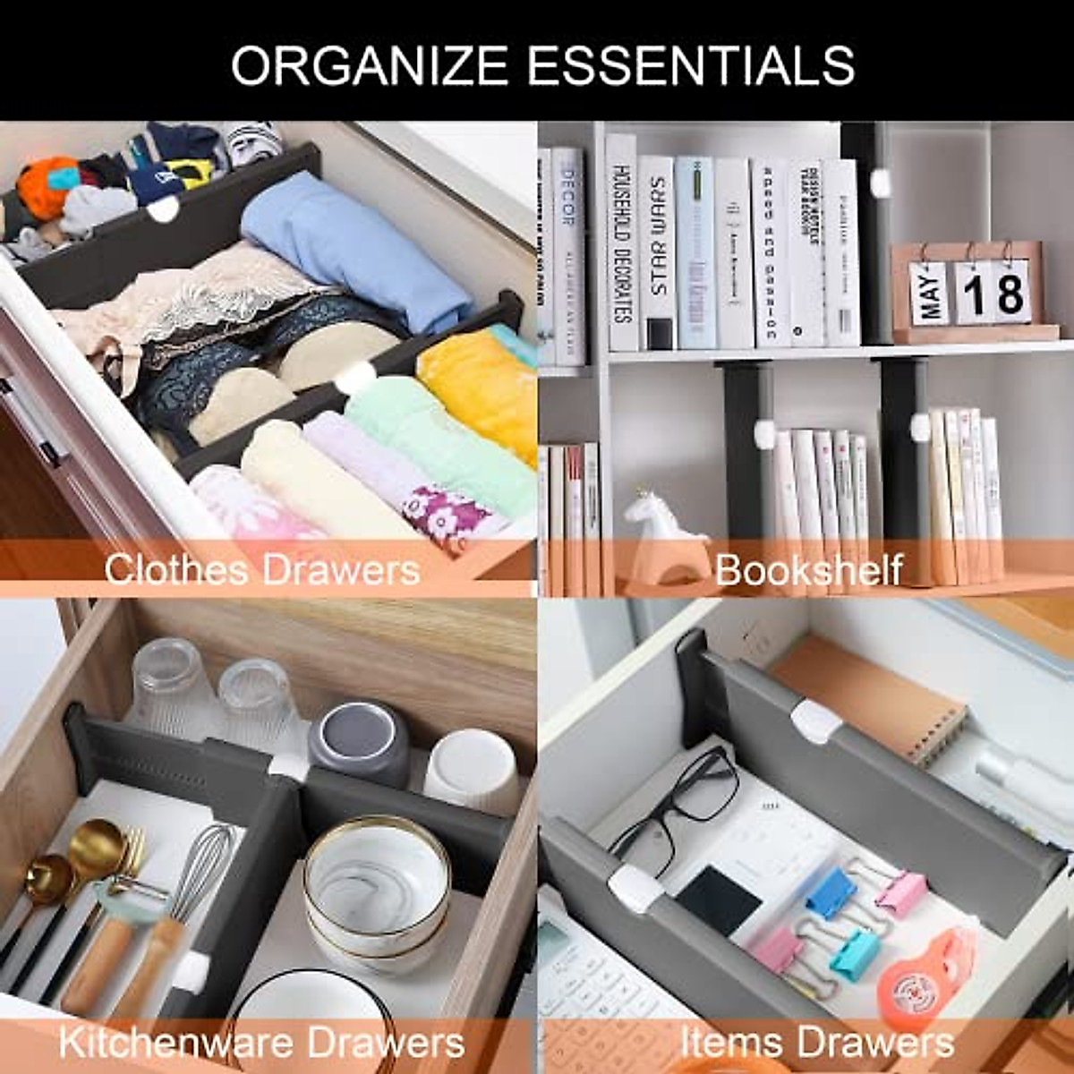 KIKILIE 8 Pack Kitchen Drawer Divider, 11-17 Inch Expandable Organizers for Clothing, Baby Clothes, Makeup, Utensils, Deep Dresser Organizer Dividers, 4 Tall Separators, White