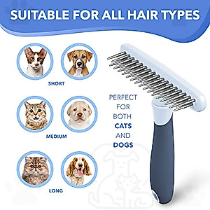 Dog rake deshedding dematting Brush Comb - Undercoat rake for Dogs, Cats, matted, Short,Long Hair Coats - Brush for Shedding, Double Row Stainless Steel pins - Reduce Shedding by 90% (Haze Blue)