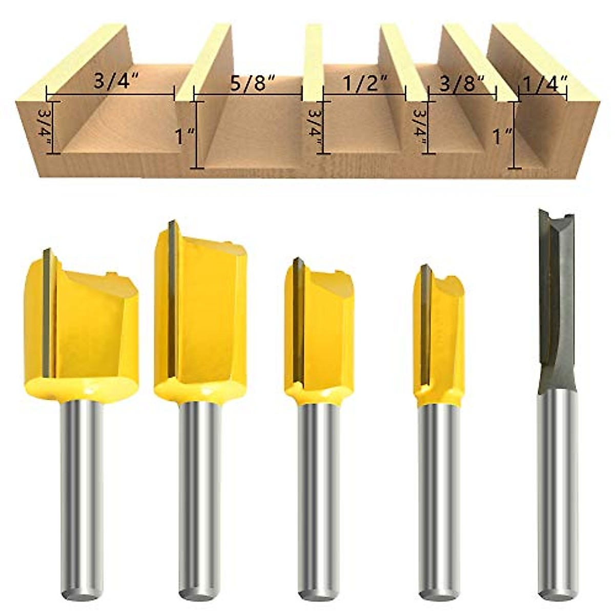 MEIGGTOOL 5Pcs Straight Dado Router Bit Set, 1/4-Inch Shank Round Nose, Cutting Diameter: 1/4, 3/8, 1/2, 5/8, 3/4 Inch