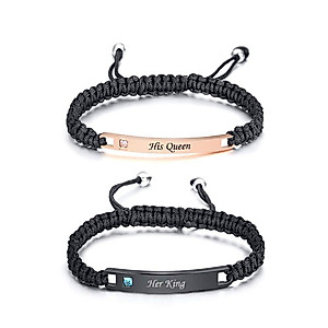 MJartoria Couples Bracelets, Matching Bracelets for Couples His Queen and Her King, Handmade Rope Braided Rhinestone, Stainless Steel Bracelets Valentine's Day for Wife Husband