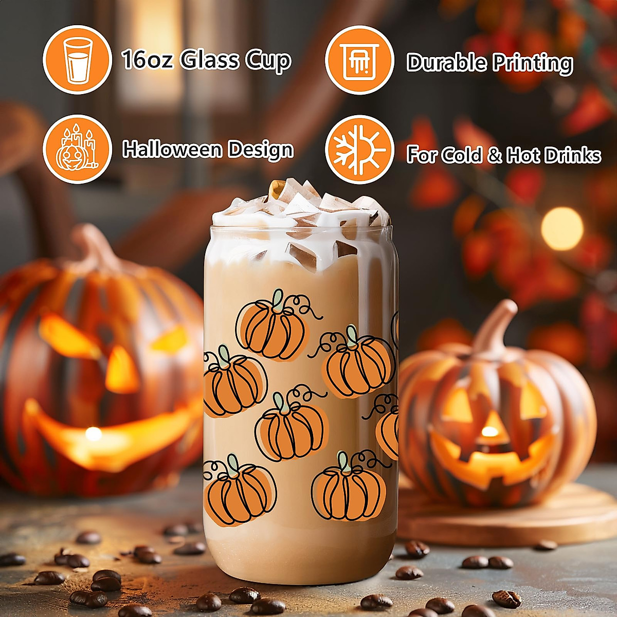 LEADO Fall Pumpkin Cup, Halloween Iced Coffee Cup, 16 oz Aesthetic Cute Glass Cups with Lids and Straws, Thanksgiving Tumbler Mug - Fall Gifts, Halloween Boo Basket Gifts for Women, Her, Adult