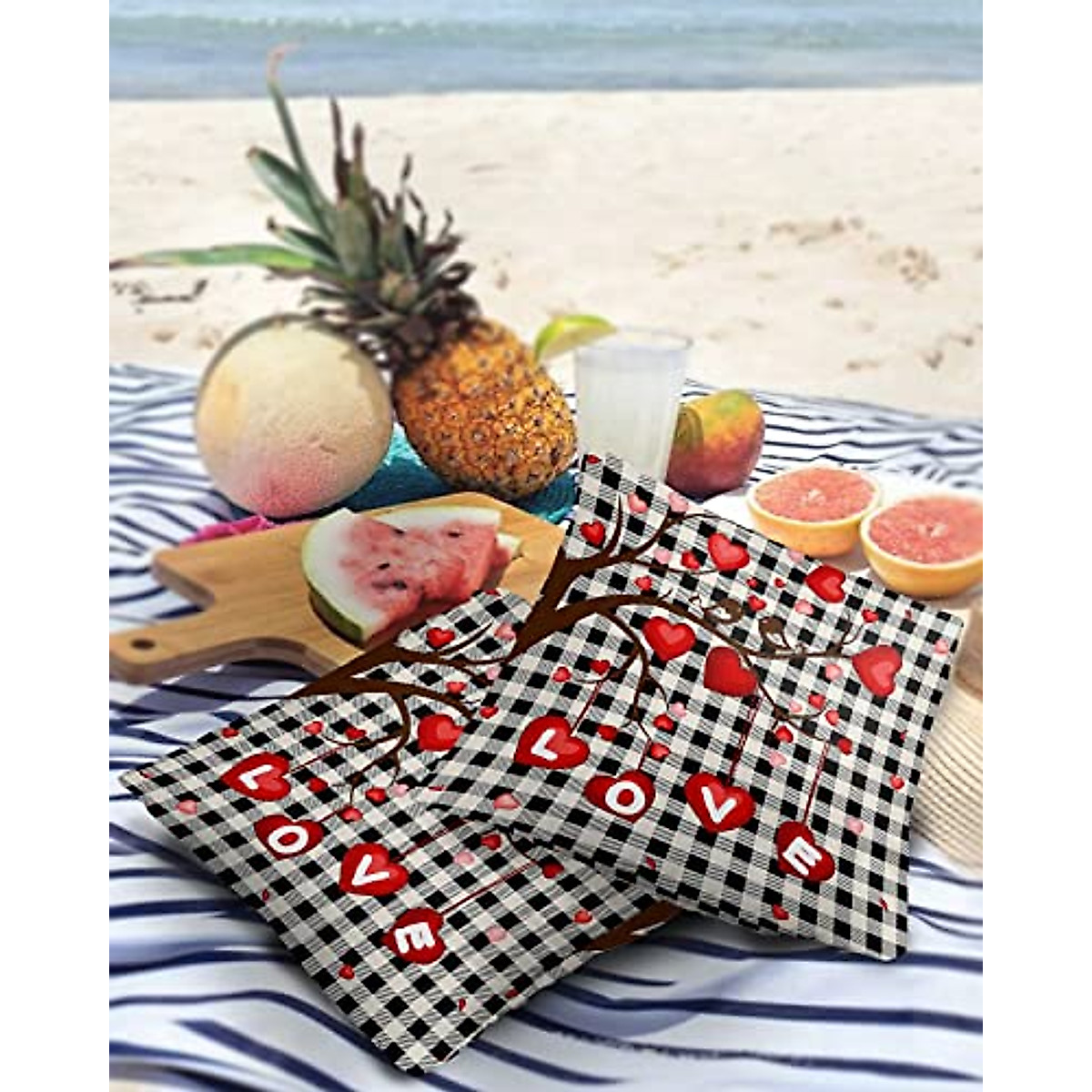 OComster Outdoor Pillow Covers Waterproof, Valentine's Day Throw Pillowcase Decorative Cover, Red Love Tree Bird Black White Plaid Garden Cushion Case Set of 2 for Sofa, Couch, Tent, Patio 16"x16"