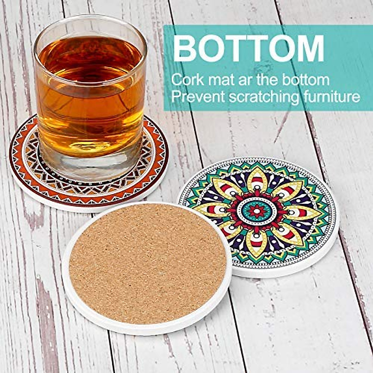 Coasters for Drinks,AODINI Set of 8 Absorbent Stone Coasters for Wooden Table, Mandala Ceramic Coasters with Cork Base, Gift for Housewarming Birthday and Family - Great Home and Dining Room Decor