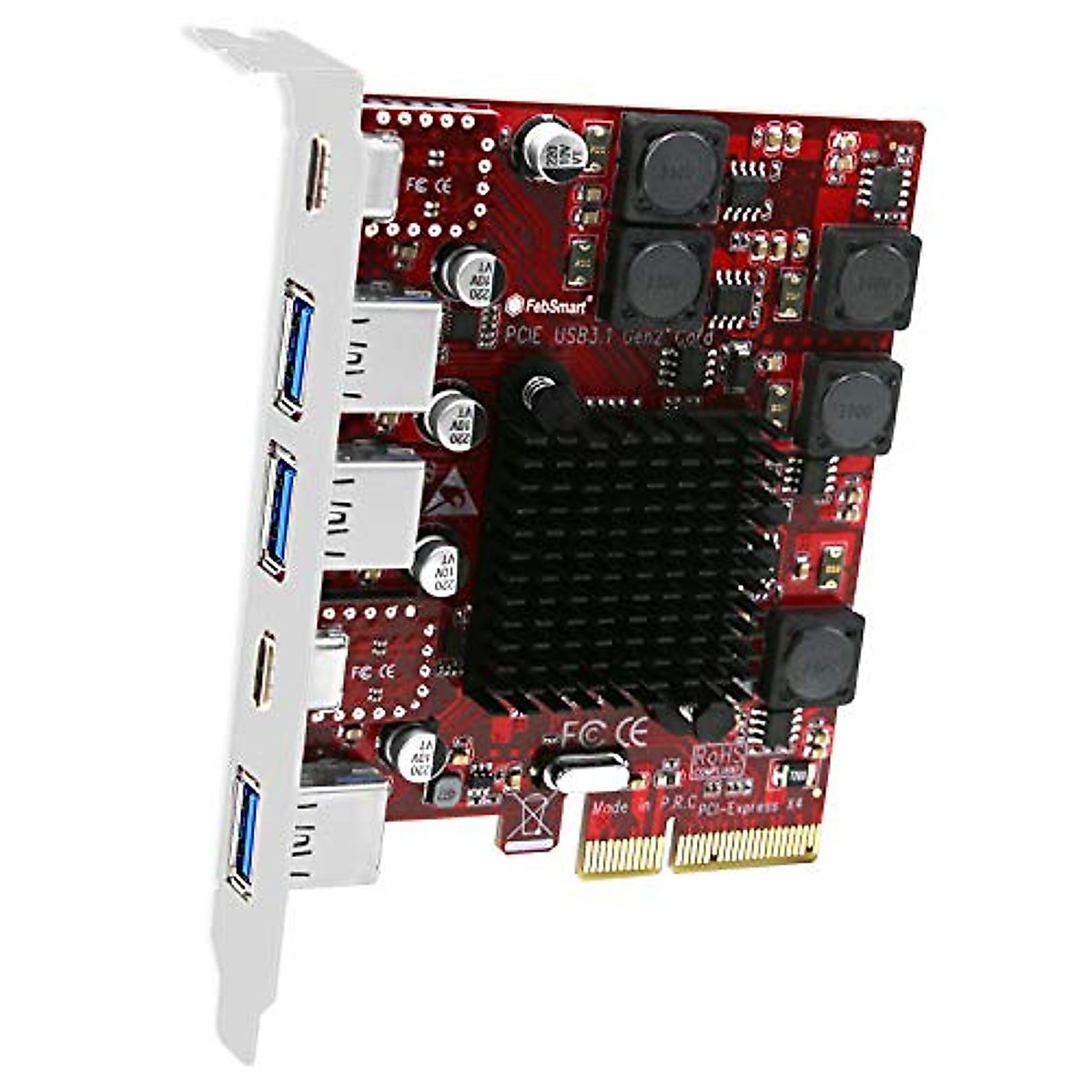 FebSmart 2X USB-C & 3X USB-A 10Gbps Ports PCIE USB 3.1 GEN2 Card for Windows 11, 10, 8.x, 7(32/64bit), Windows Server, MAC OS and Linux Desktop PCs, Built in Self-Powered Technology (FS-A3C2-Pro)