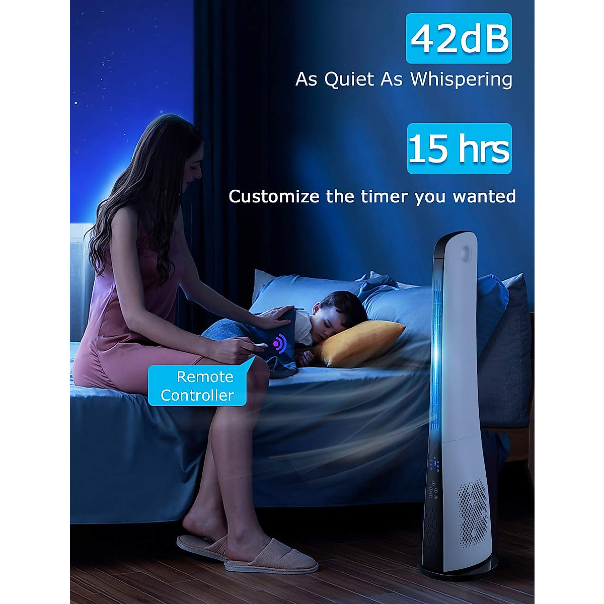 BREEZEWELL 43 Inch Bladeless Tower Fan w/ 3 Wind Speeds & 3 Modes, 15-Hour Timer, Remote Control, Ultra-quiet & Slim 45° Oscillating Personal Fan for Whole Room Home & Office