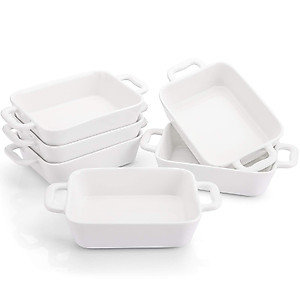 Foraineam 6 Pieces Bakeware Set, White Porcelain Souffle Dishes Creme Brulee Ramekins, 6-1/4 x 4-3/4 inch Rectangular Baking Pans with Double Handles