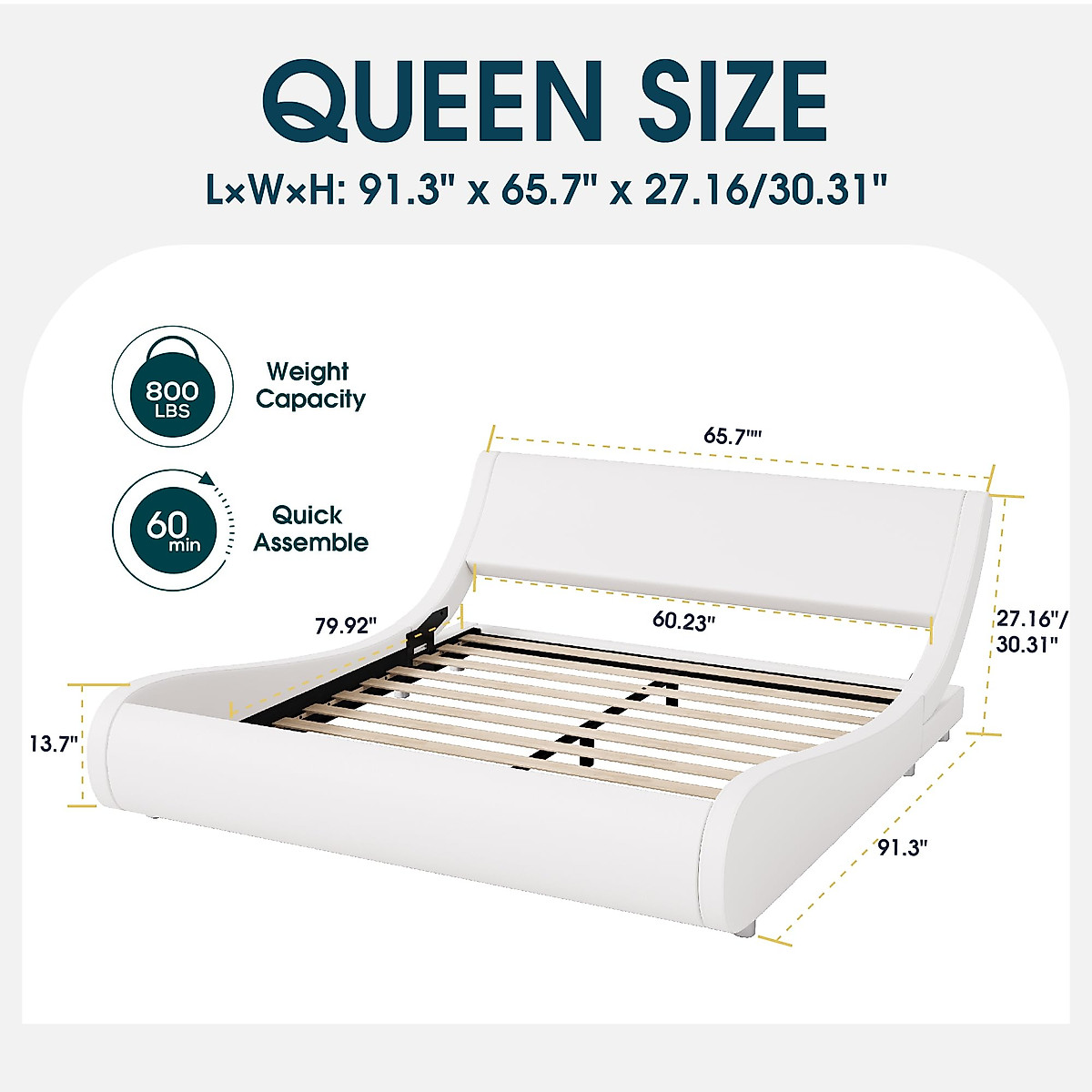 WEEWAY Modern Queen Size Upholstered Platform Bed Frame, Faux Leather Sleigh Bed with Adjustable Headboard, Strong Wood Slats Support, No Box Spring Needed, White