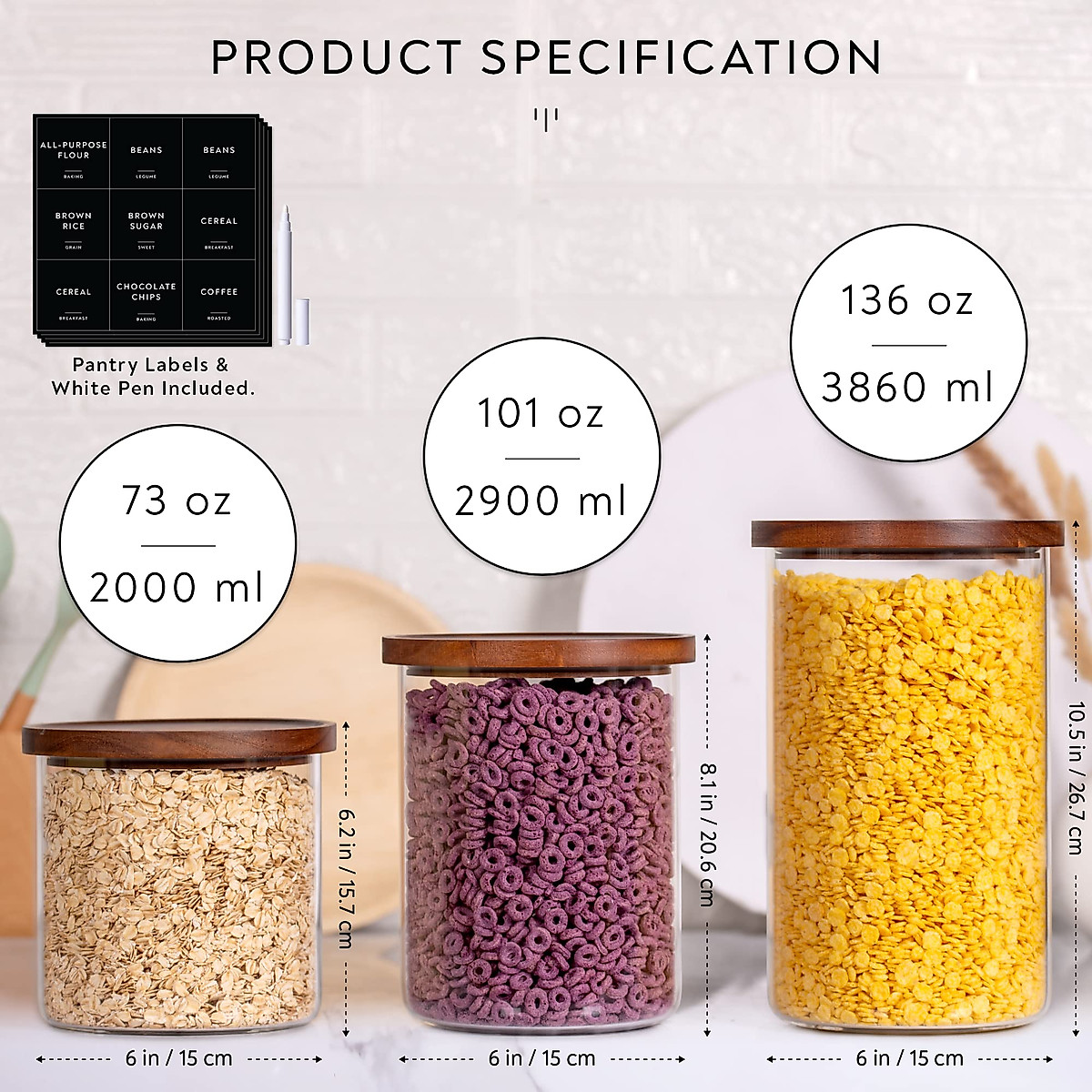 Laramaid 101oz 2Pack Glass Jar Canisters with Minimalist Labels, Round Pantry Jars with Brown Acacia Lids, Vinyl Customized Labels and White Pen, Food Storage Containers for Home, Kitchen and Pantry