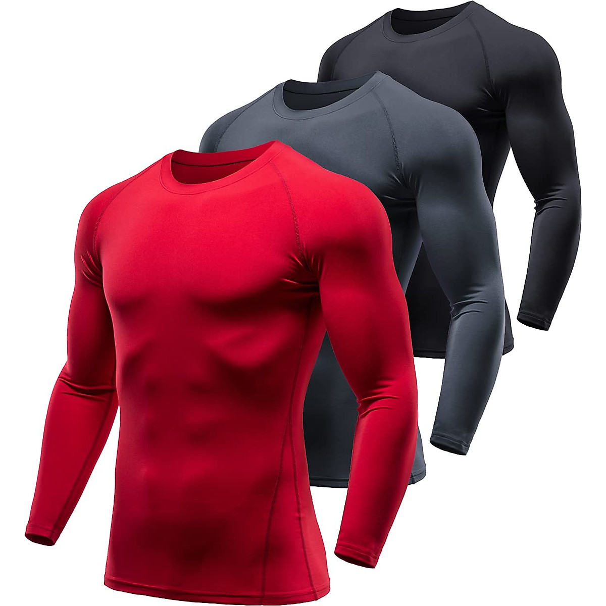 ATHLIO Men's Thermal Long Sleeve Compression Shirts, Winter Gear Sports Base Layer Top, Athletic Running T-Shirt, Active Top 3pack Black/Charcoal/Red, Medium