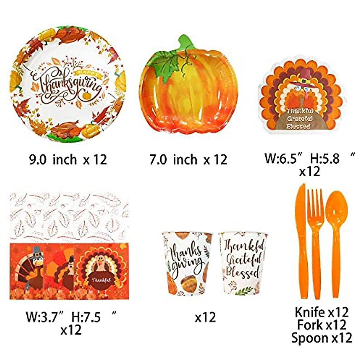 Disposable Thanksgiving Plate And Napkin Set - Pack of 72 - Fall Dinner Party Decorations - Thankful, Grateful Party Supplies - Cups, Cutlery Holder, Napkins Parties Pack - Pumpkins Turkey, Leaves
