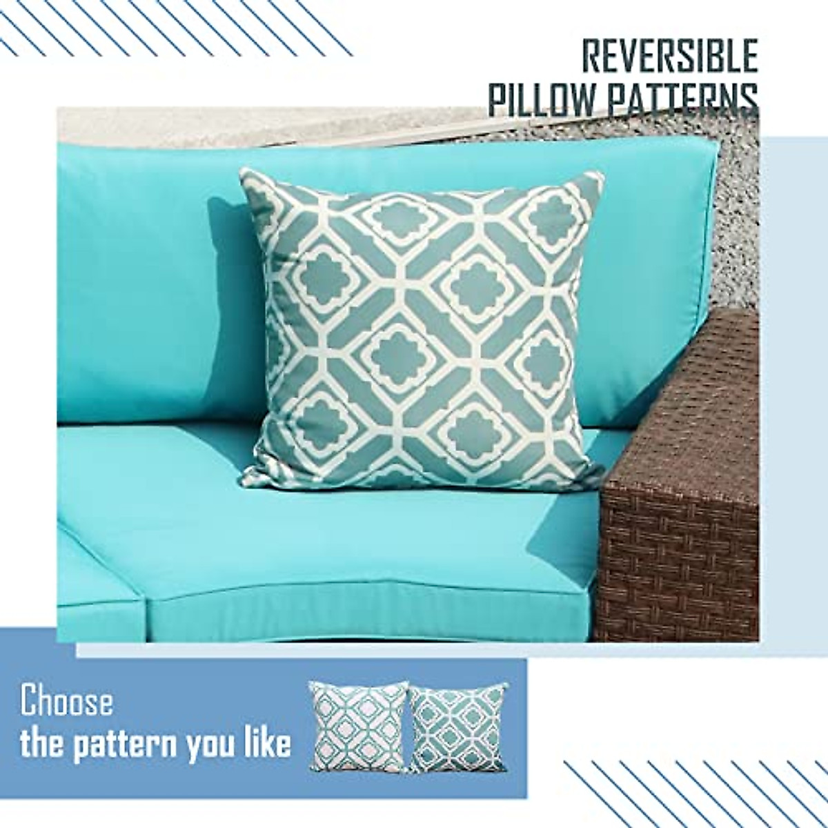 OC Orange-Casual 9-Piece Patio Furniture Set Half-Moon Sofa Outdoor All-Weather Wicker with Coffee Table & Set of Ottomans, Brown Rattan Turquoise Cushion (Pillows Included)