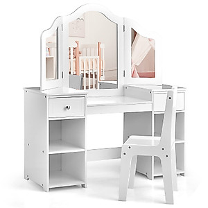 AKUSTIK Kids Vanity, 2 in 1 Wooden Princess Makeup Table and Chair for Toddlers with Tri-Folding Detachable Mirror, Storage Drawers for Little Girls, Pretend Beauty Dressing Desk Play Set Toy Gift