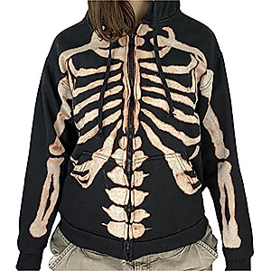 Sunwittafy Women's Oversized Zip Up Hoodies Y2k Long Sleeve Skeleton Print Hooded Sweatshirt Egirl Harajuku Jackets Coat