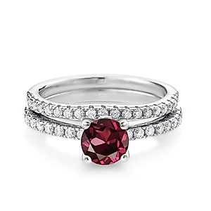 Gem Stone King 925 Sterling Silver Red Rhodolite Garnet and White Moissanite Wedding Engagement Band Bridal Set Ring For Women (1.49 Cttw, Gemstone January Birthstone, Available In Size 5, 6, 7, 8, 9)
