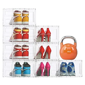 XL Large 8 Pack Shoe Storage Organizer Clear Plastic Boxes Stackable Thicken Material Easy to Assemble Fit Sneaker Storage Size 12 13 14,Plastic Shoe Storage Organizer for Closet with Lids and Door