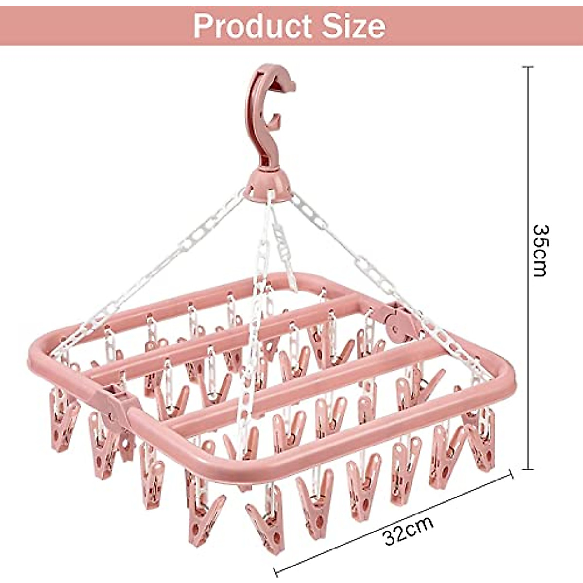 MENFENG Clothes Drying Hanger and Drip Foldable Hanging Sock Rack（32 Clips ） Multifunction Clothes Drying Rack，Rotary Wind-Sock Hanger for Washing line，for Socks, Underwear, Bras, Baby Clothes (Pink)