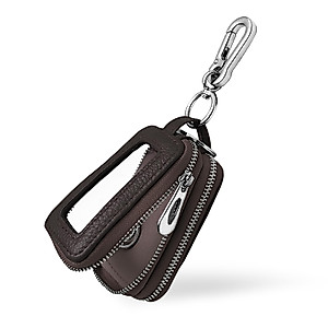 Car Key Fob Case, Double Zipper Genuine Leather Protection Key, Universal Premium Car Key Fob Case, Metal Hook and Keyring with Transparent Window for Men Women (Coffee)