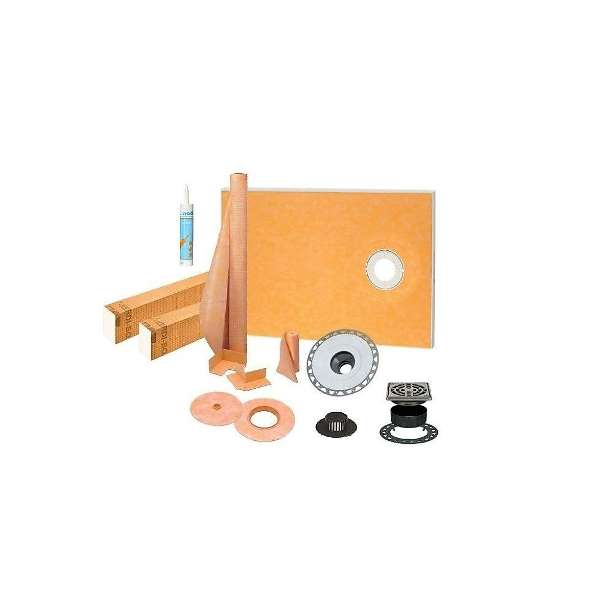 Schluter Kerdi 38 Inch x 60 Inch Offset Shower Kit with 2 Inch PVC Flange, Stainless Steel Grate and Joint Sealant