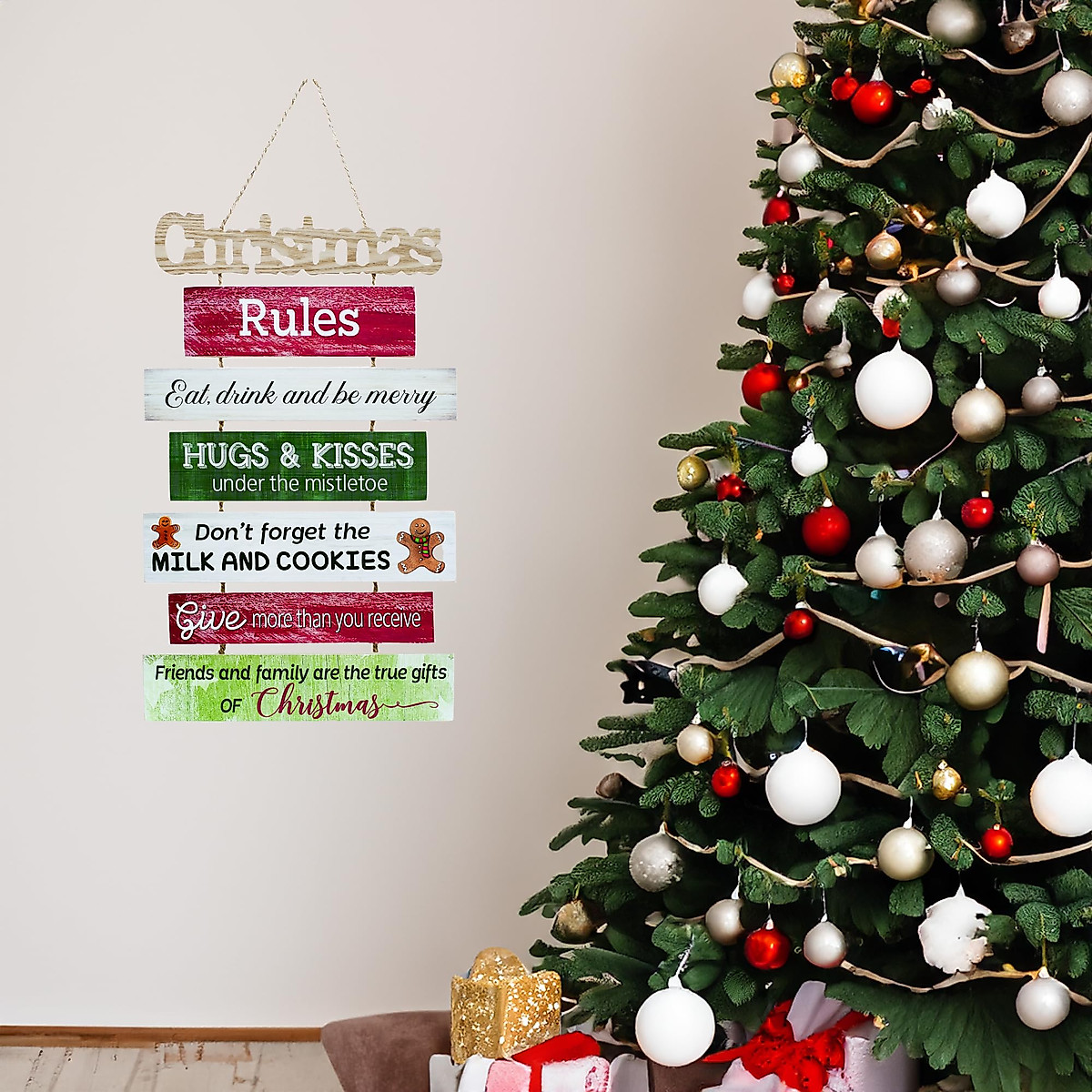 Christmas Wood Wall Decor Hanging Sign, Rustic Wooden Plaque, Holiday Rules 23" x 13.75" Jute Hanger