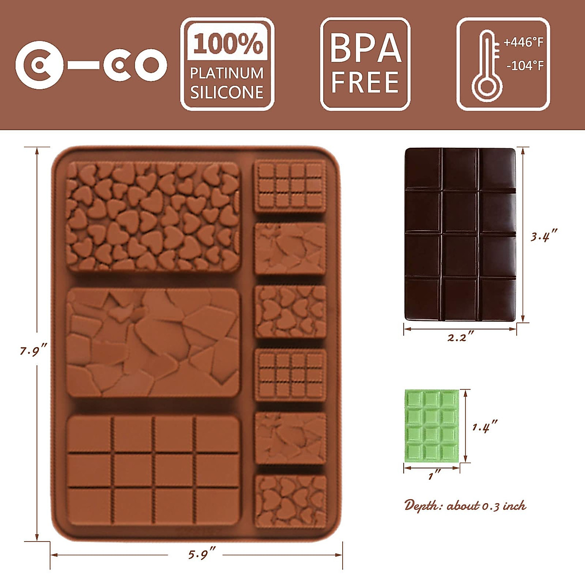 C-CO Food Grade Break-Apart Chocolate Molds, Set of 4 Packs Non-Stick Silicone Protein and Energy Bar Molds