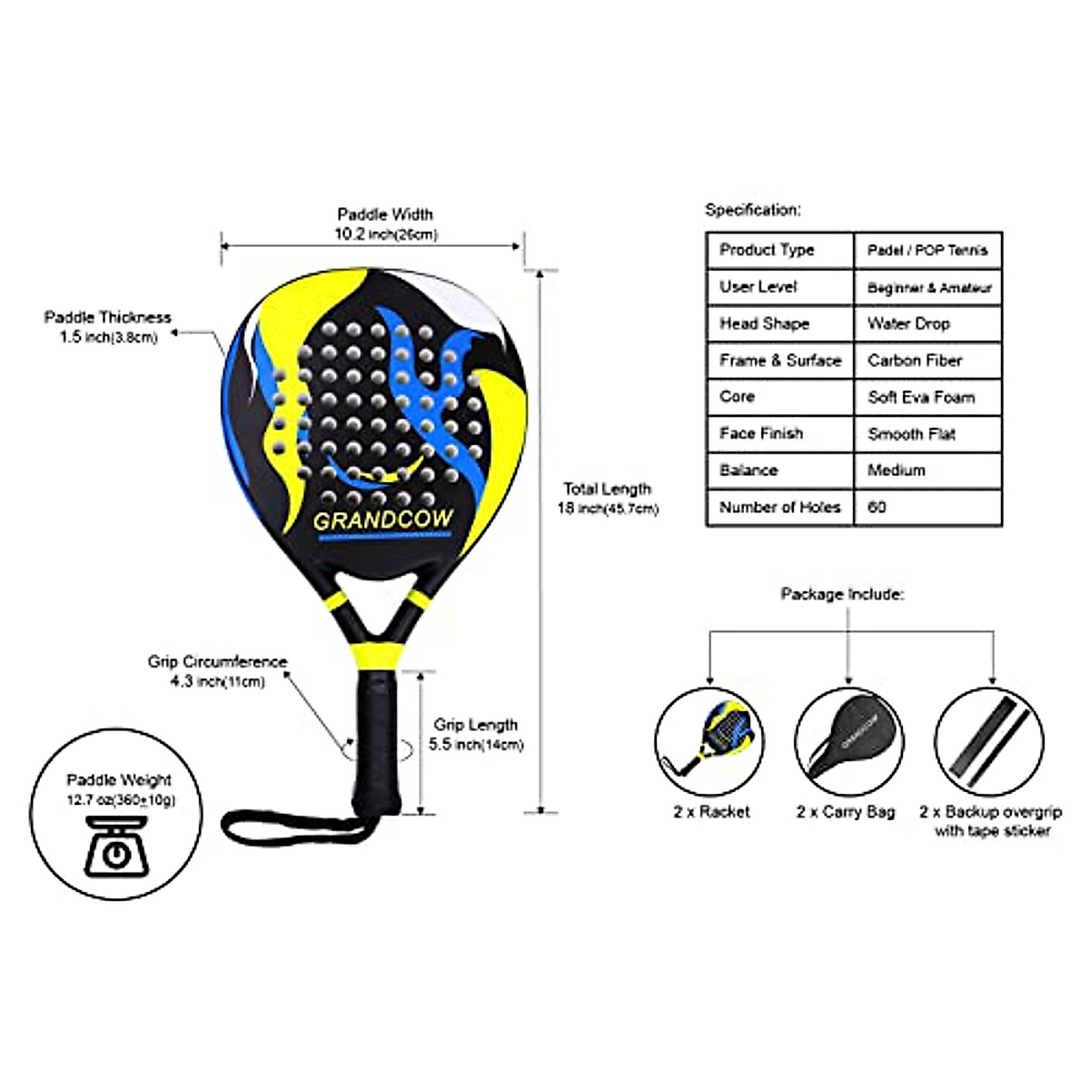 Padel Tennis Racket Racquet Carbon Fiber Power Lite Pop EVA Foam POP Tennis Paddle Paddleball Racket Racquets (2Pcs Black)