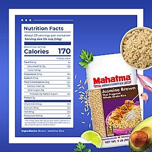 Mahatma Brown Jasmine Rice Bag 2lb, Brown Thai Jasmine Rice, Microwave Rice in 20 Minutes or Cook on Stovetop in 30 Minutes