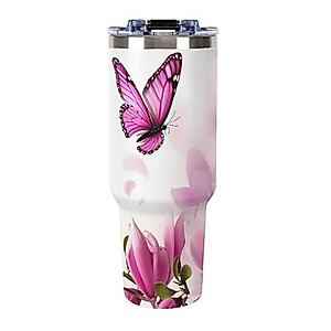 Magnolia Plant Flora Butterfly 40 Oz Stainless Steel Cup Travel Tumbler with Handle and Straw Lightweight Coffee Mug for Home Office