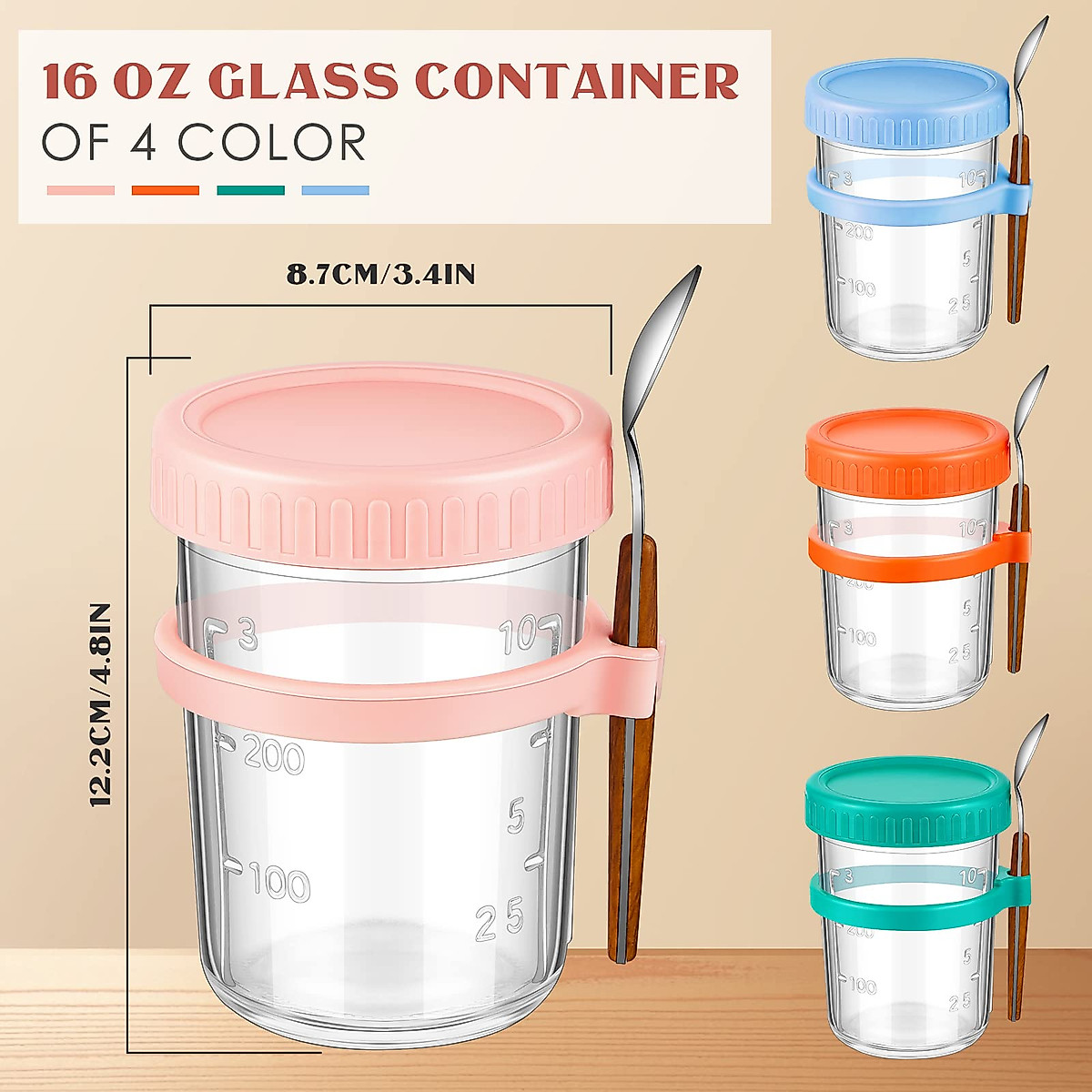 12 Pieces 12 oz Overnight Oats Jars with Lid and Spoon Airtight Oatmeal Container Overnight Oats Container Glass Meal Prep Jars Oatmeal Jars with Lids with Measurement Marks Mason Jars for Cereal