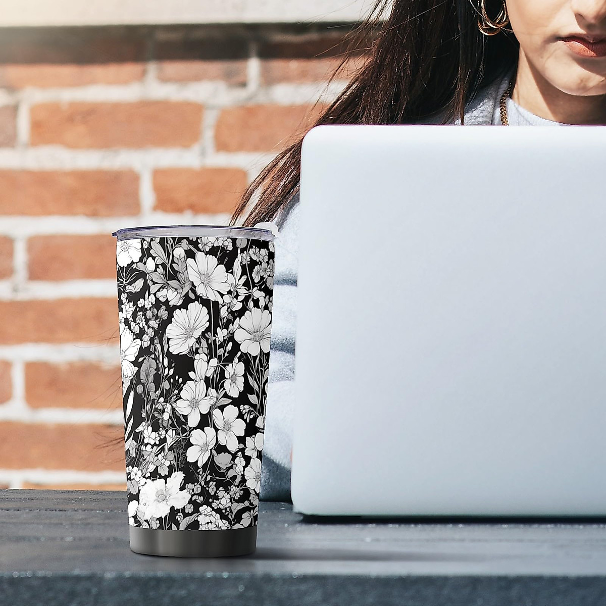 QWEUIOP 20oz Insulated Travel Coffee Mug Hand Drawn White Flowers Stainless Steel Tumbler with Lid Double Wall Vacuum Coffee Cup For Hot and Cold Drinks14494