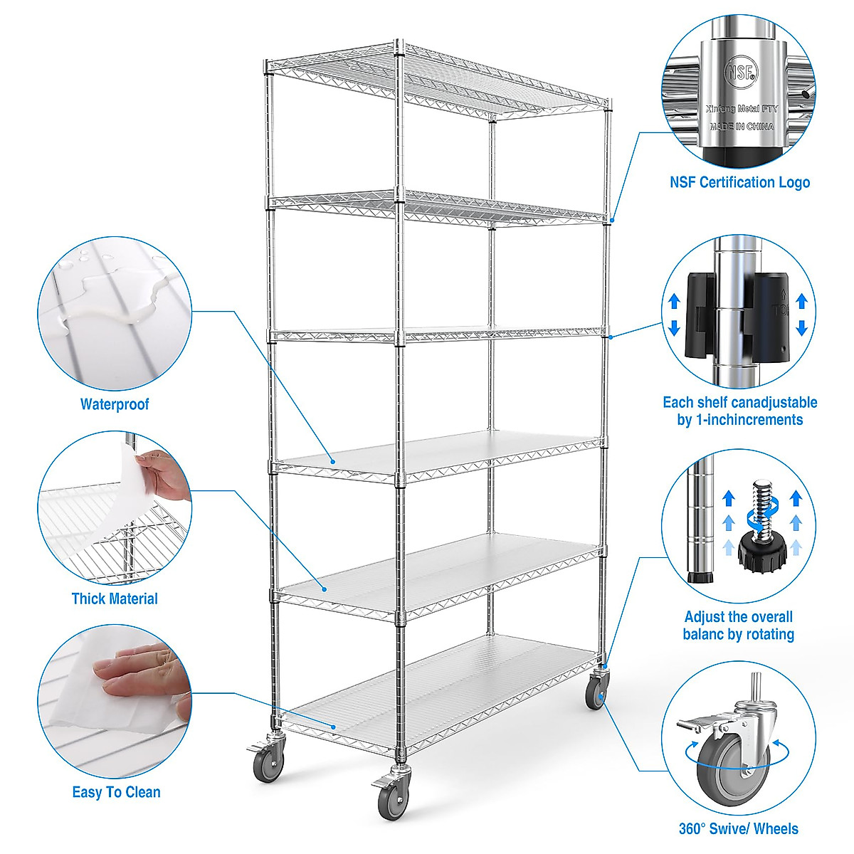 NSF Heavy Duty 6-Tier Metal Wire Shelving Unit - 6000lbs Capacity, Adjustable, with 5in Wheels/Leveling Feet and Shelf Liners - Ideal for Garage, Kitchen, and More - Chrome, 20"D x 48"L x 84.5"H